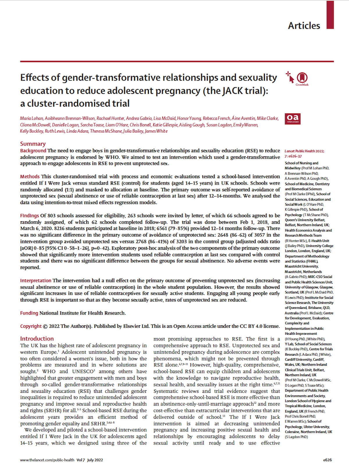 Effects of gender-transformative relationships and sexuality education ...