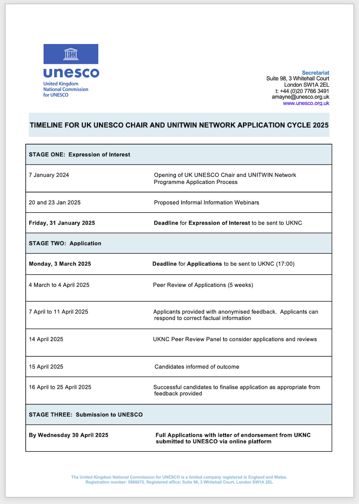 Timeline for UK UNESCO Chair and UNITWIN Networks Application Cycle 2025 | UNESCO in the UK