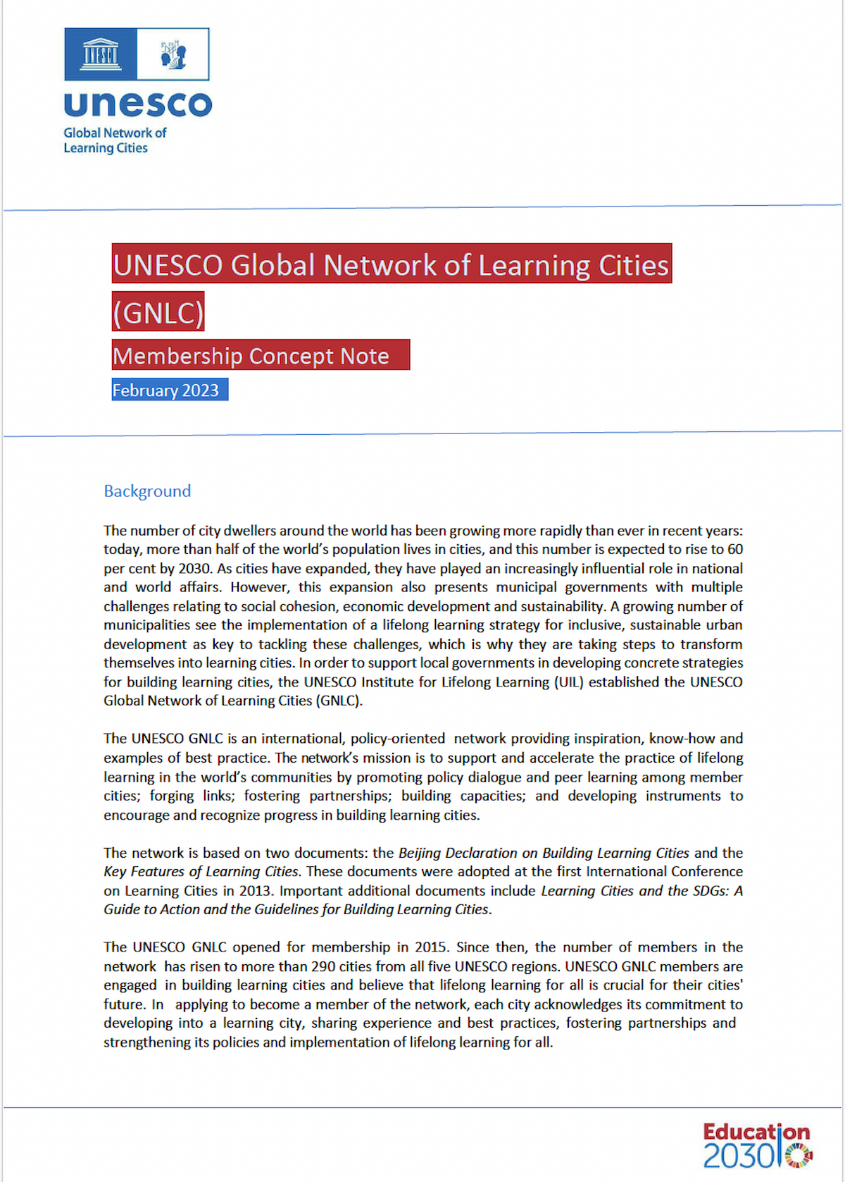 UNESCO Global Network of Learning Cities (GNLC) - Membership Concept ...