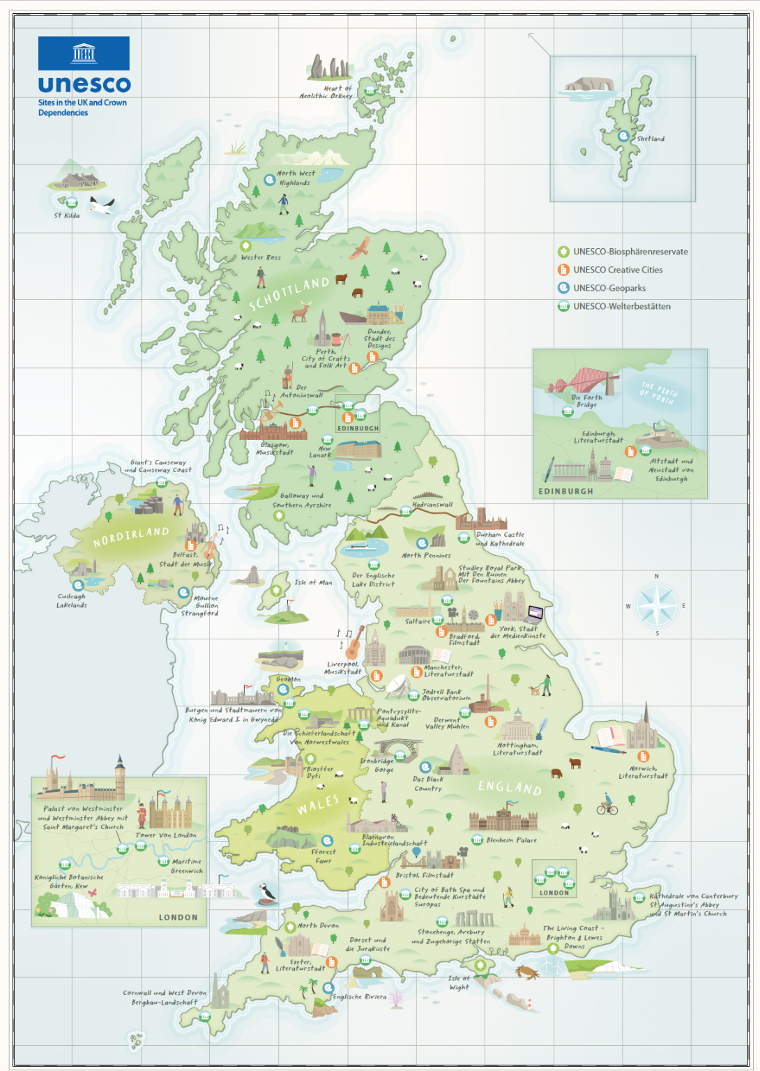 UK UNESCO Sites Map 2023 - German | UNESCO in the UK