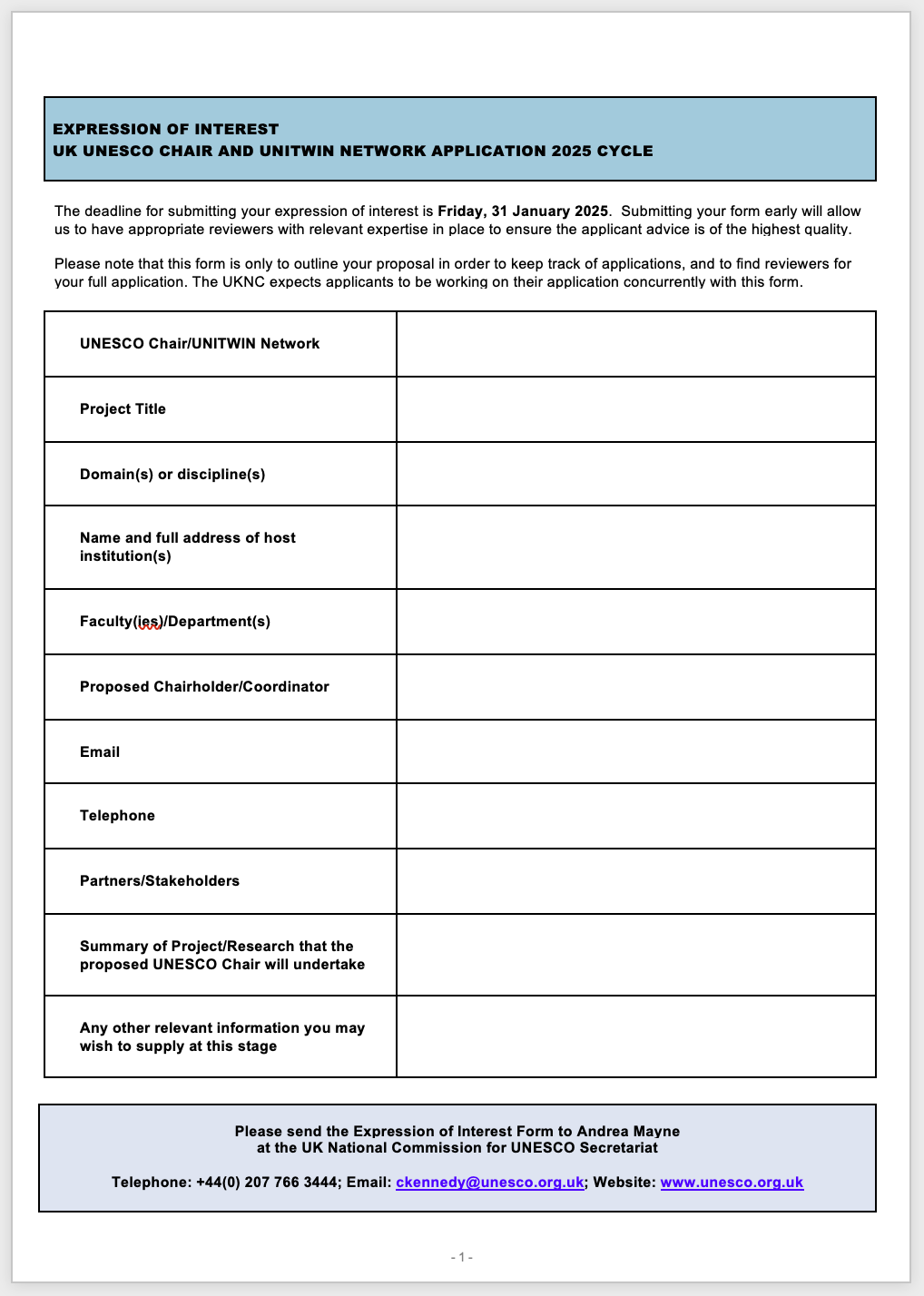 UNESCO Chairs Expression of Interest Form | UNESCO in the UK