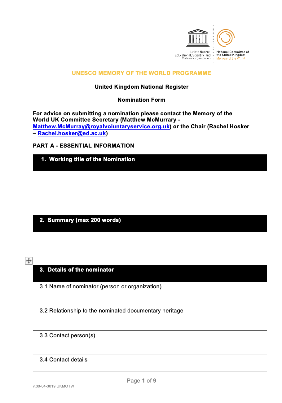 Memory of the World UK Nomination Form | UNESCO in the UK