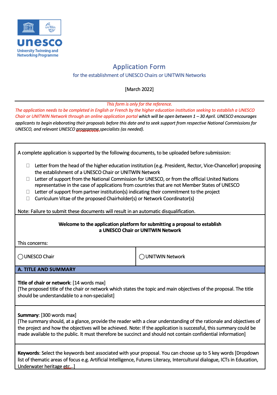 Application Form for UNESCO Chairs and UNITWIN Networks (Reference Only) | UNESCO in the UK